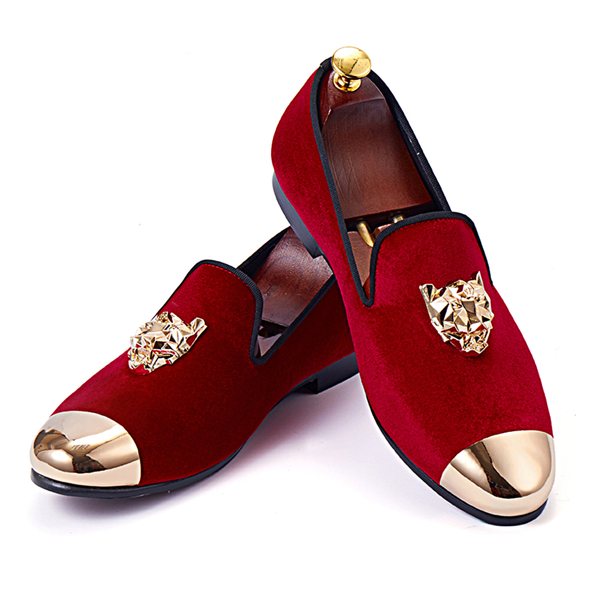 Harpelunde-Animal-Buckle-Men-Wedding-Shoes-Red-Velvet-Slippers-Gold-Cap ...